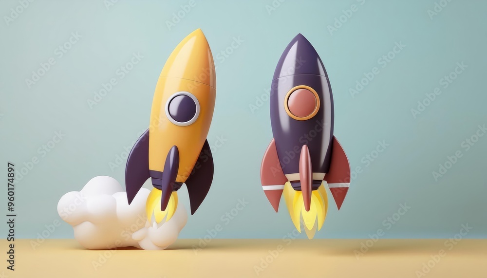 Colorful rocket models taking off with clouds, symbolizing adventure ...