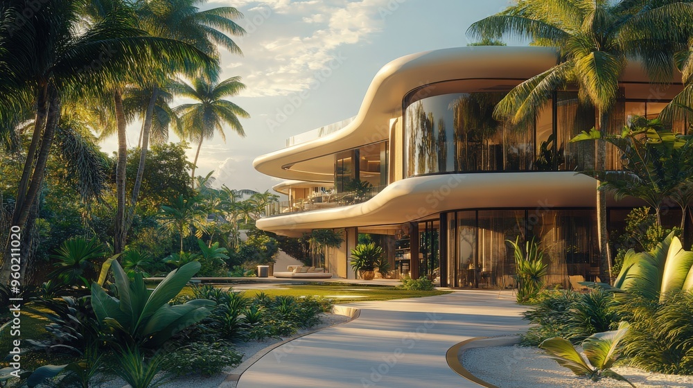 Стоковое фото «Contemporary luxury villa with a lush tropical garden ...