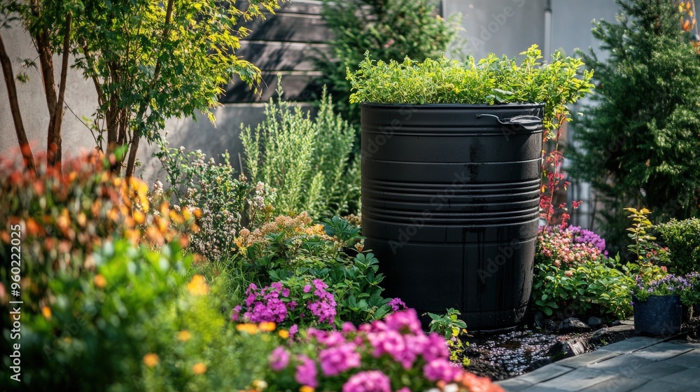 Rainwater collection setup in a garden featuring a large barrel and ...