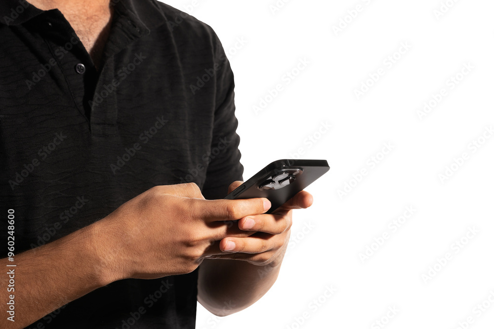 man using smartphone with transparent background, human holding mobile ...