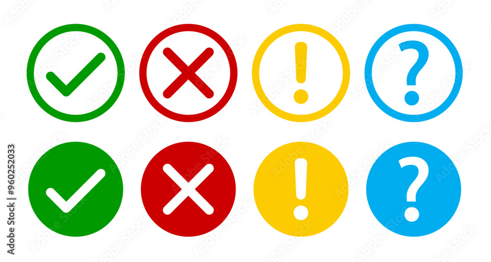 Set of colorful icons showing check mark, cross, exclamation, and ...