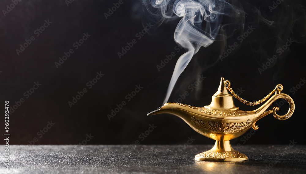 Genie's lamp with smoke coming out of it. 3 wishes. Magical glow effect ...