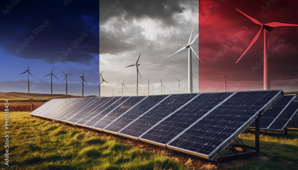 A field of solar panels and wind turbines with the France flag overlay ...