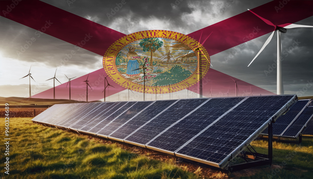 A field of solar panels and wind turbines with the Florida flag overlay ...