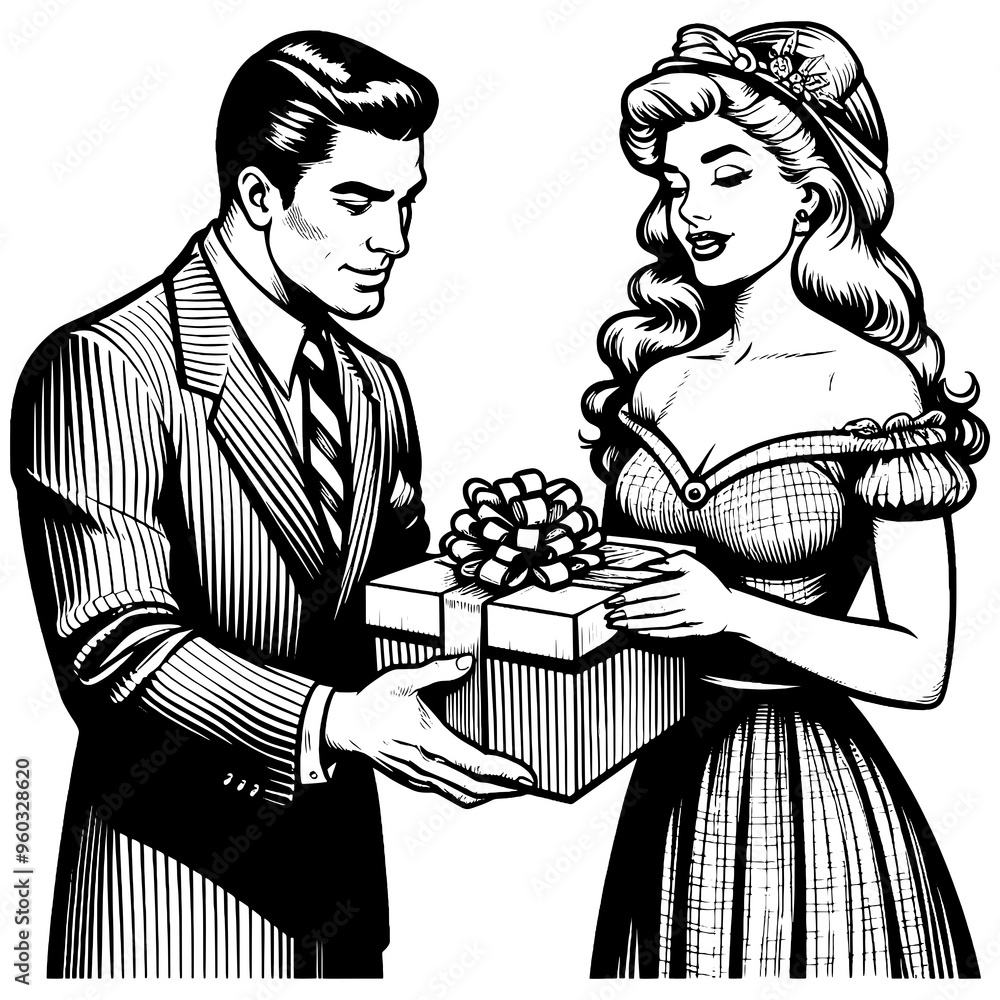 couple exchanging gift, man presenting wrapped present to woman in ...