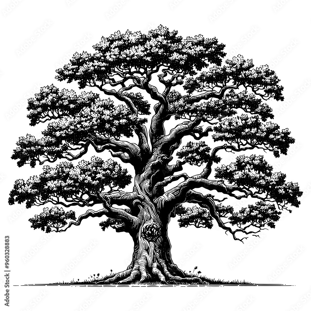 Oak ancient, sprawling tree with a vast network of roots and a lush ...