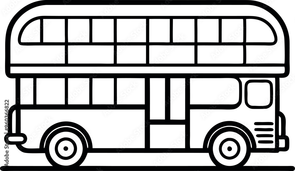 Simple Black and White Illustration of Vintage Double Decker Bus with ...