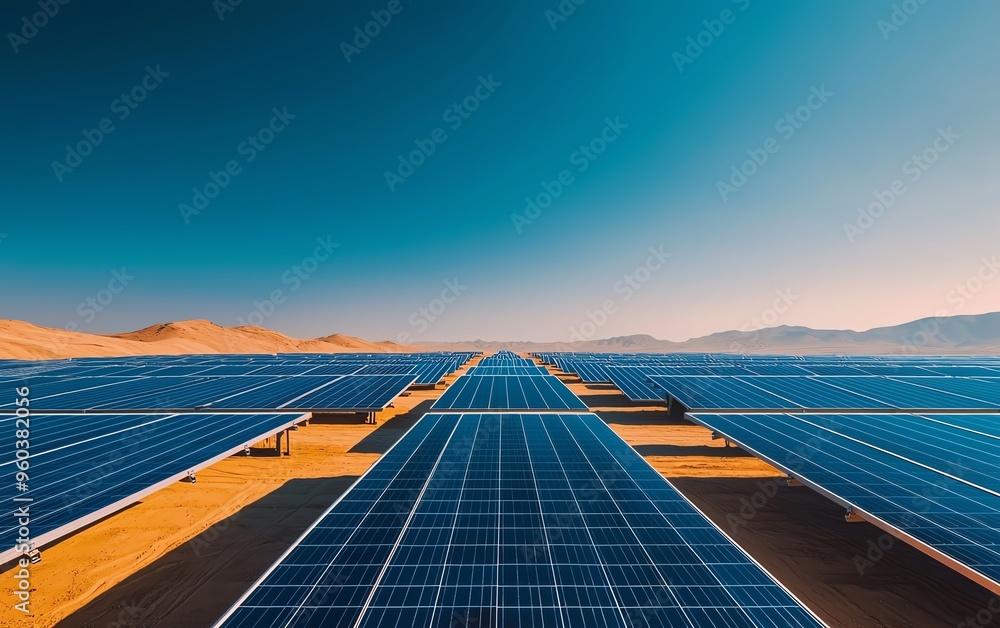 Expansive solar panel field in a desert landscape harnessing renewable ...
