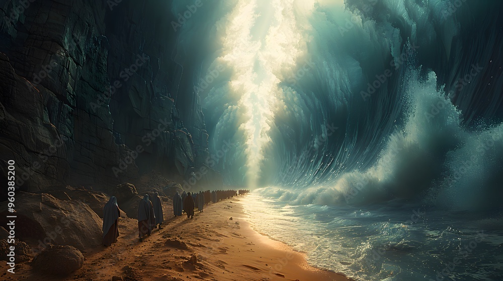 Depict the miraculous parting of the Red Sea by Moses, showing the dry ...