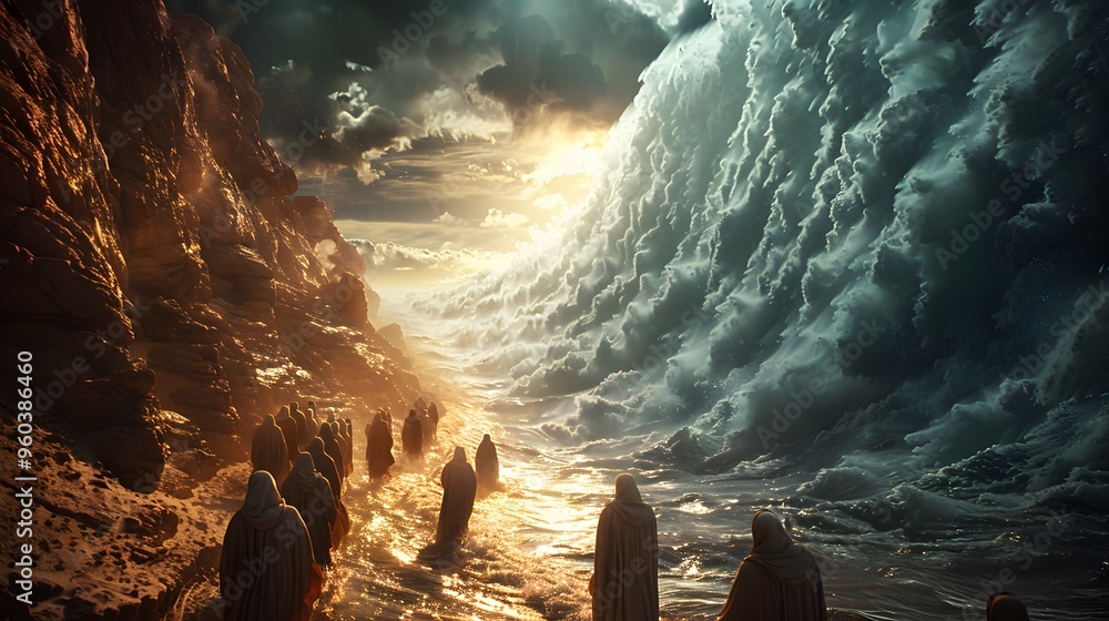 Depict the powerful scene of Moses guiding the Israelites through the ...