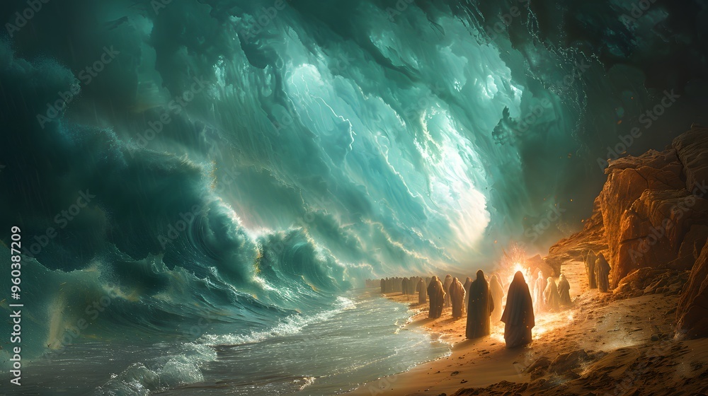 Depict the surreal moment of Moses parting the Red Sea, with massive ...