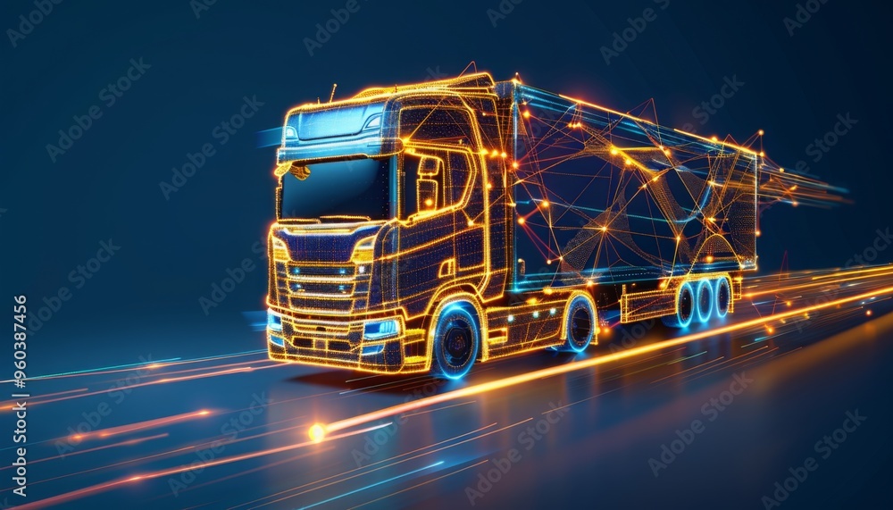 Digital gold high-speed truck in low poly wireframe, the future of ...