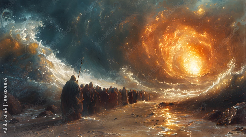 Illustrate the moment of faith as Moses, with his staff raised, leads ...