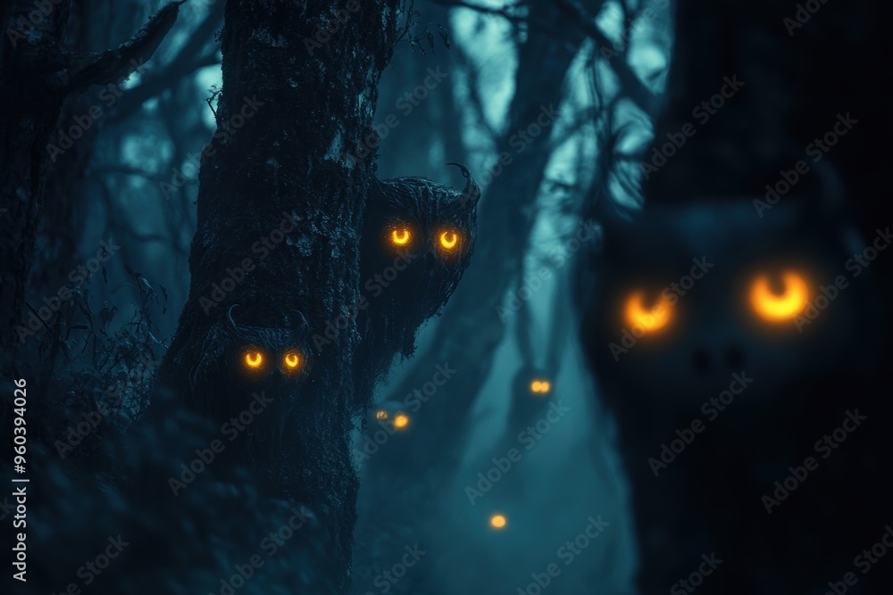 spooky forest, spooky forest scene dark trees, glowing eyes perfect ...