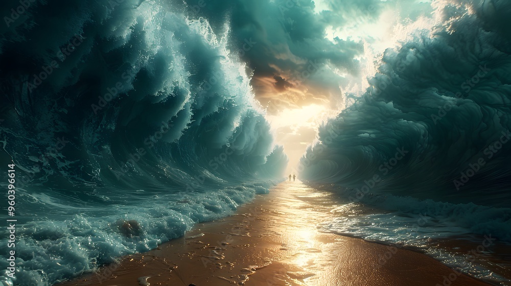 Visualize the dry pathway created by Moses parting the Red Sea, the ...