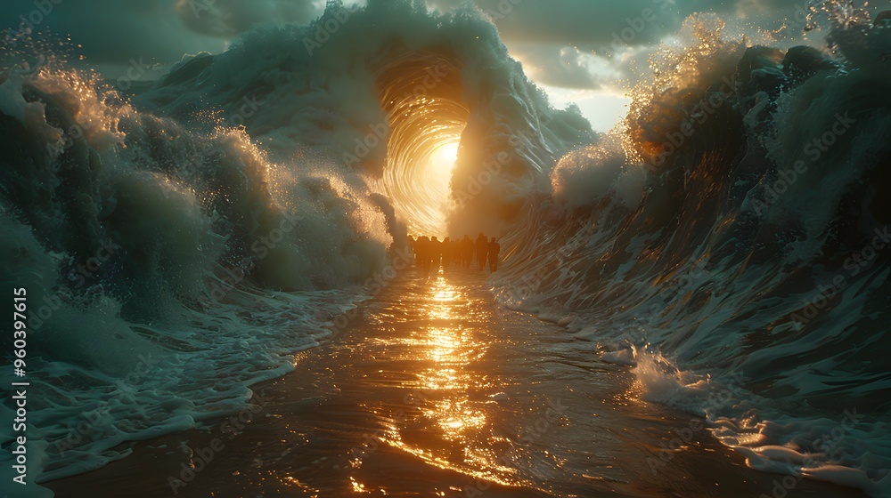 Visualize the Israelites, led by Moses, walking between the parted ...