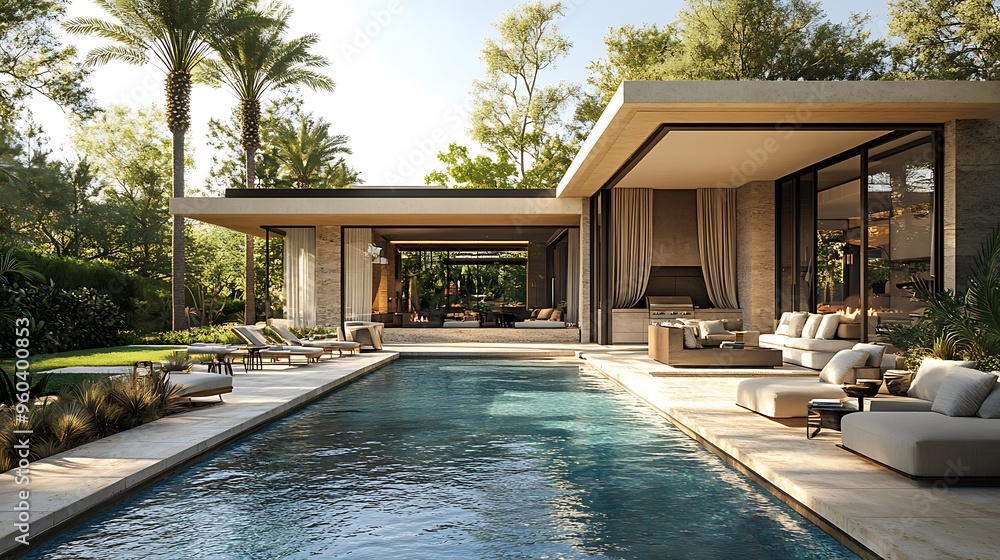 A poolside luxury resort patio with travertine pavers, a plush cabana ...