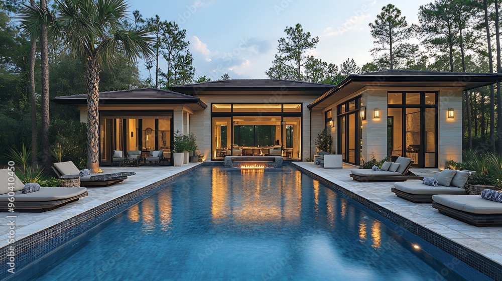 An upscale luxury resort with travertine pavers, a cozy poolside cabana ...