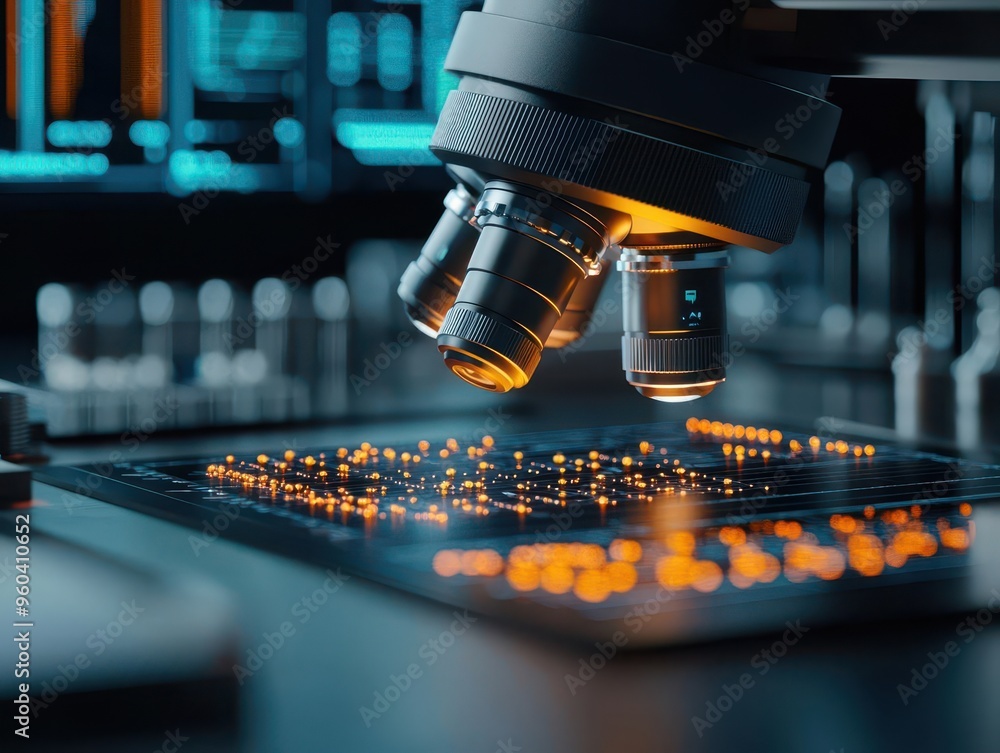 Microscope image of modified DNA strands displayed on advanced digital ...