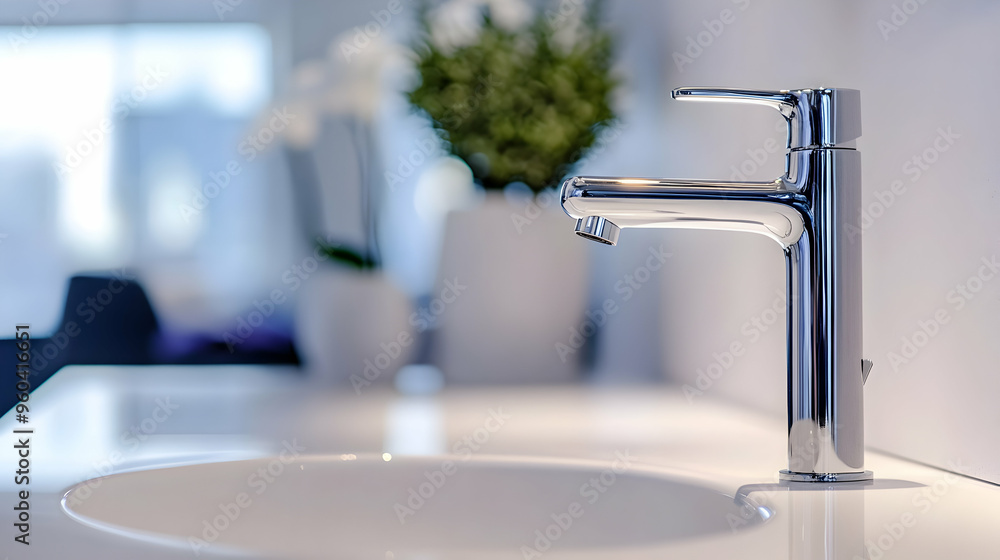 Detailed view of a brushed nickel faucet in a luxurious, minimalist ...