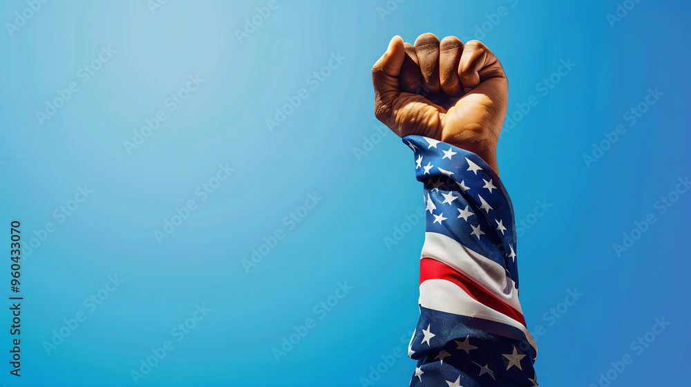 Powerful Raised Fist Wrapped in American Flag on Clear Blue Sky ...