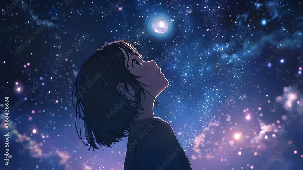 An anime character gazes up at a starry night sky filled with ...