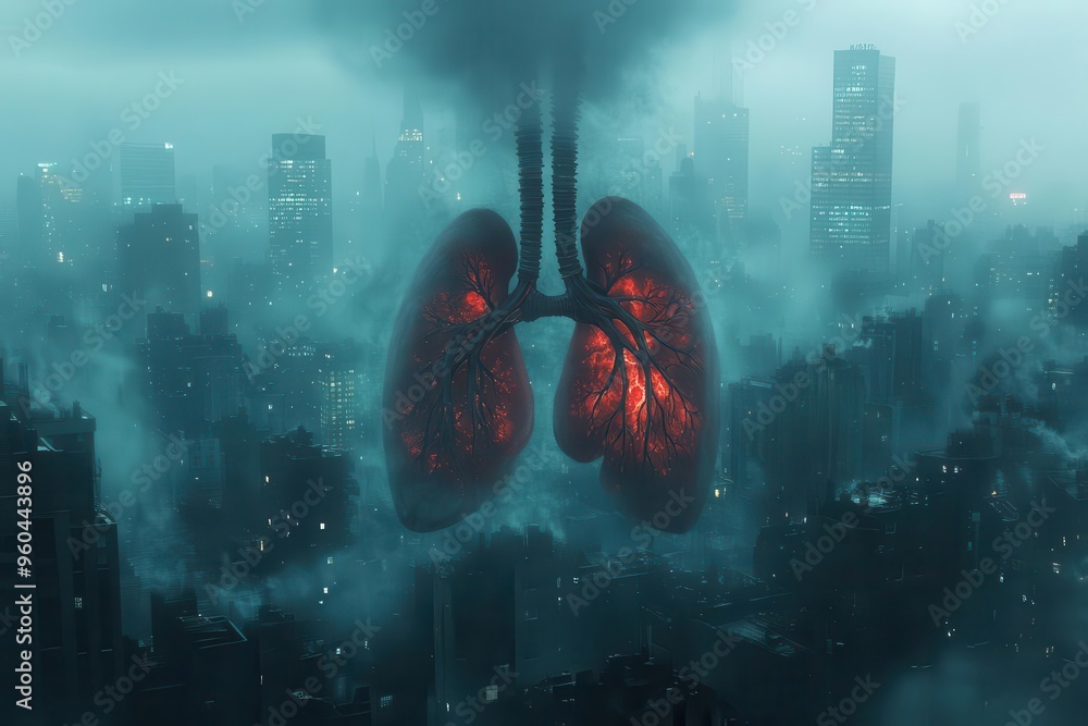 haunting image of diseased lungs in smogfilled cityscape xraylike view ...