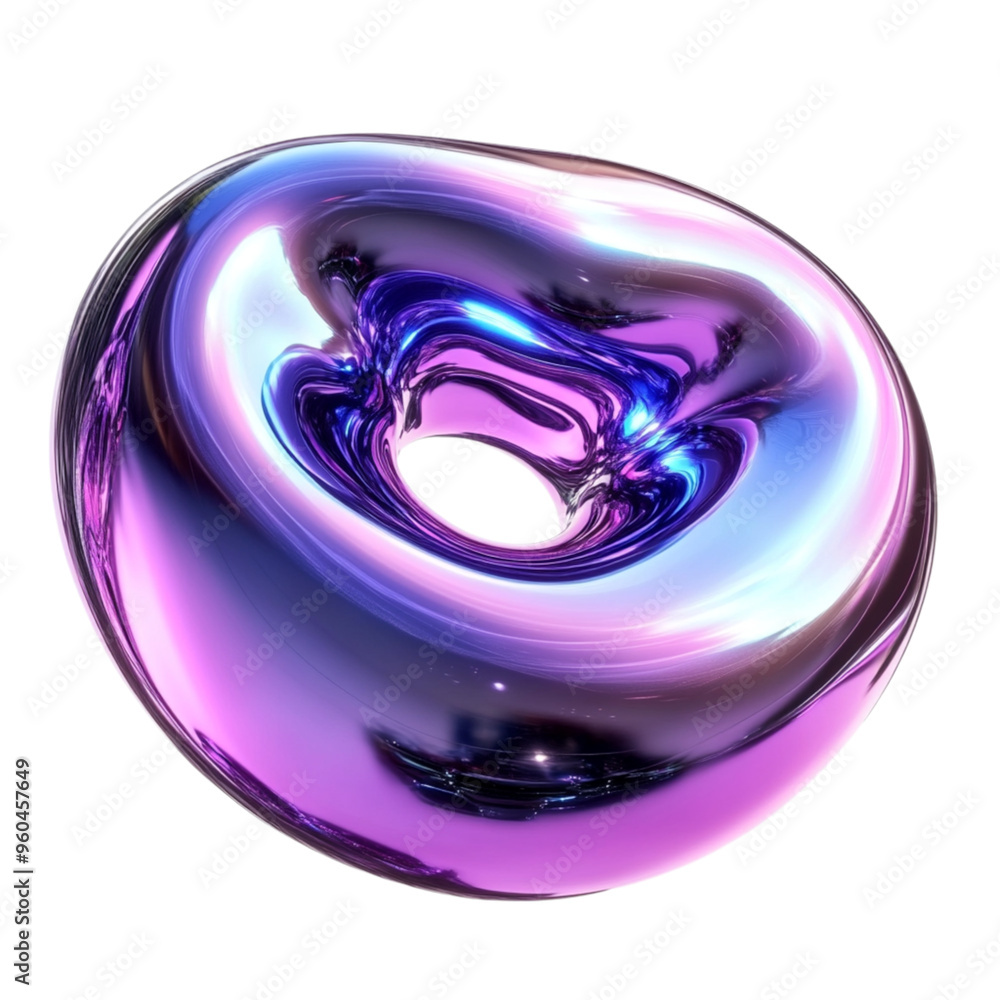 Abstract glass chrome shape with soft edges in purple tones on white ...