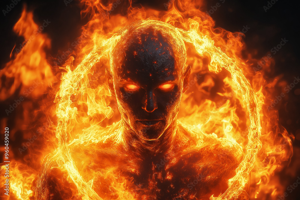 Realistic villain in a circle of fire. Realistic fiery demon face ...
