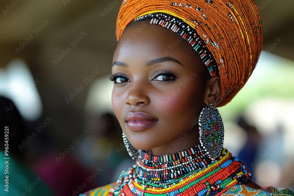 proud african zulu woman resplendent in vibrant traditional attire intricate beadwork bold ...