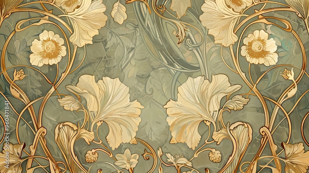 Vintage Art Nouveau wallpaper with flowing lines and floral designs in ...