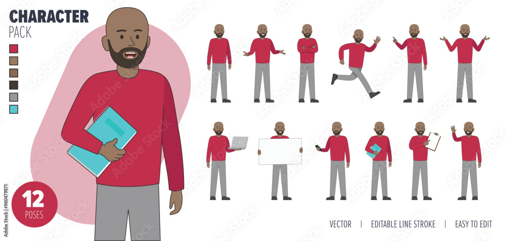 2D Illustrated black male vector character set. Easy to edit and ...