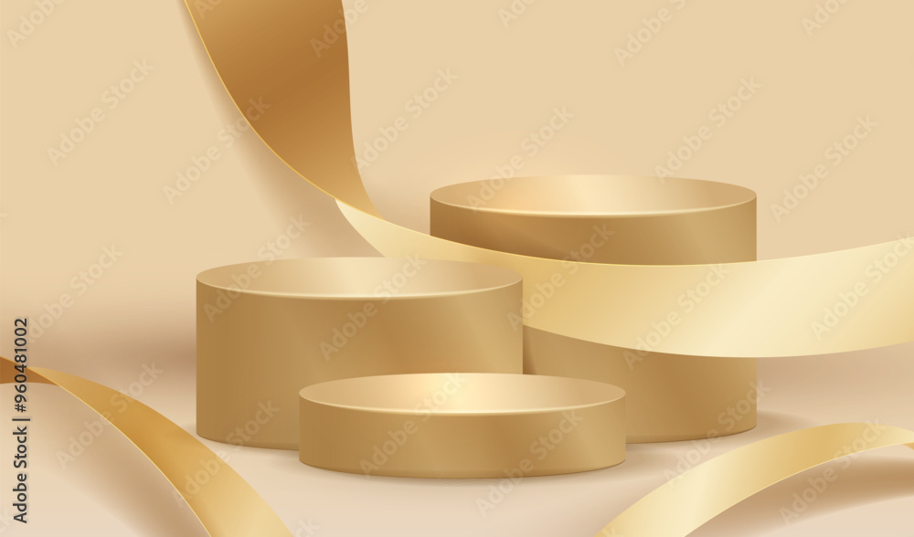 Luxury gold podiums with golden flow ribbons background. Gold podium ...