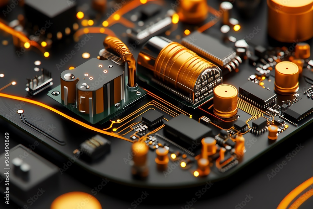 Magnified circuits, detailed pathways, tiny components display the complexity of modern ...