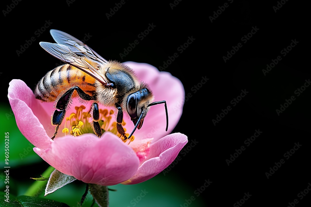 Bees and wild roses, simple beauty, essential pollination underline the ...