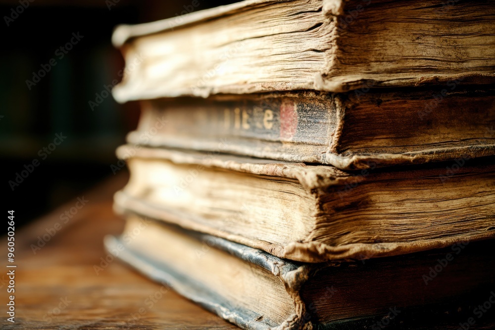 The warm light highlights the texture of aged pages and worn spines ...