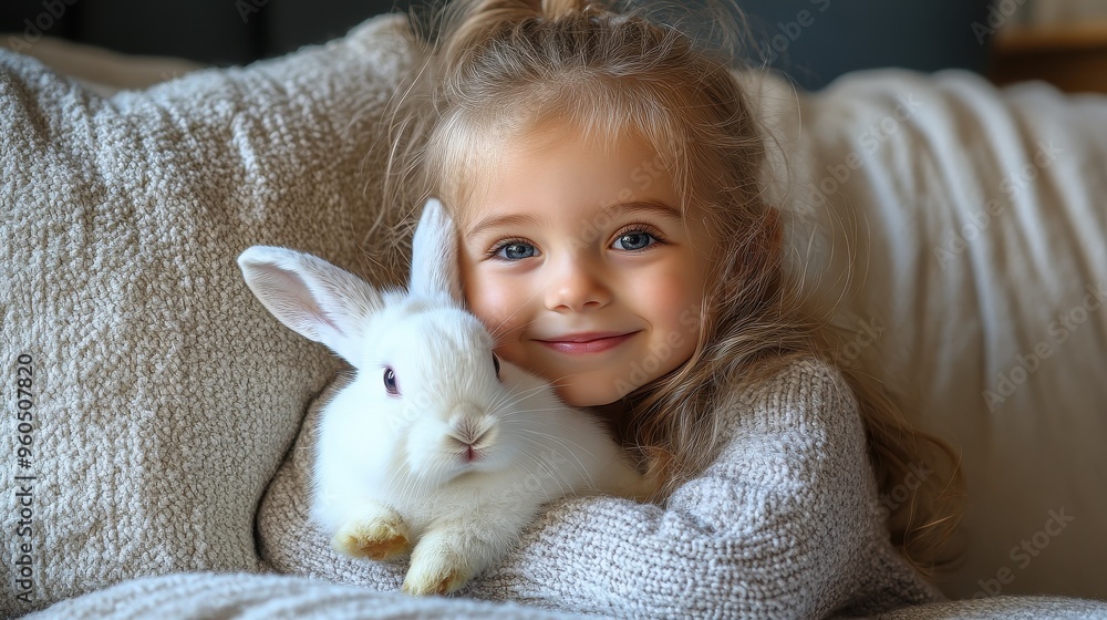 Happy Little Girl Playing and Smiling with White Rabbit on Sofa at Home ...