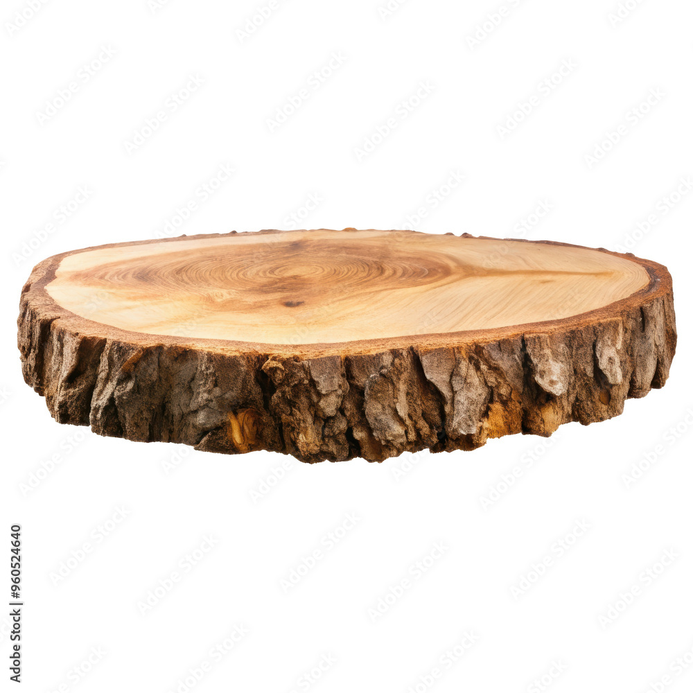Round wooden tree slice with bark texture and visible growth rings. The ...