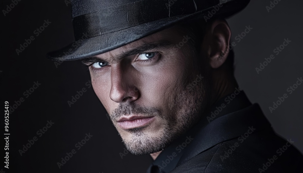 Stylish man in a black hat and formal attire, intense expression ...