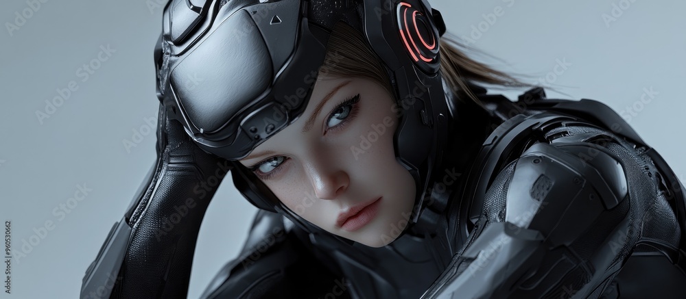 Seductive female cyborg posed attractively in a futuristic black armor ...
