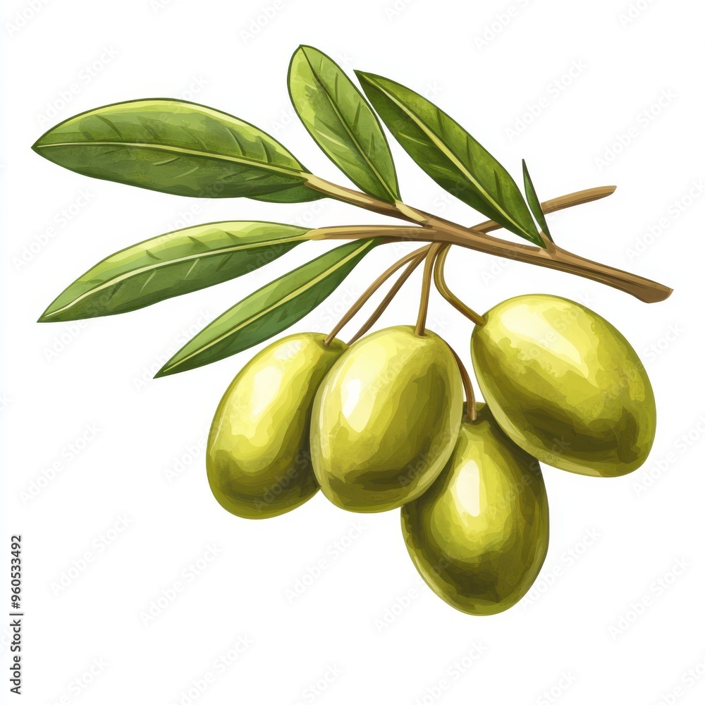 Olive branch with green olives on a white background, vector ...