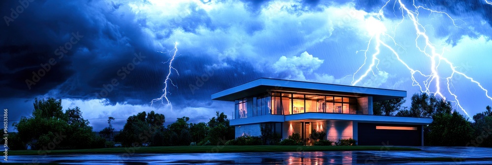 Amidst a tempest of thunder and lightning, a contemporary home stands ...