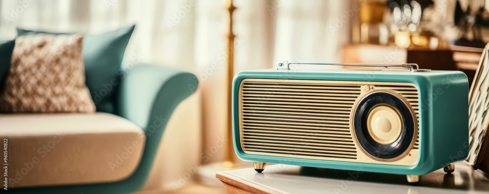 Classic 1930s radio in a living room with art deco furniture and a ...