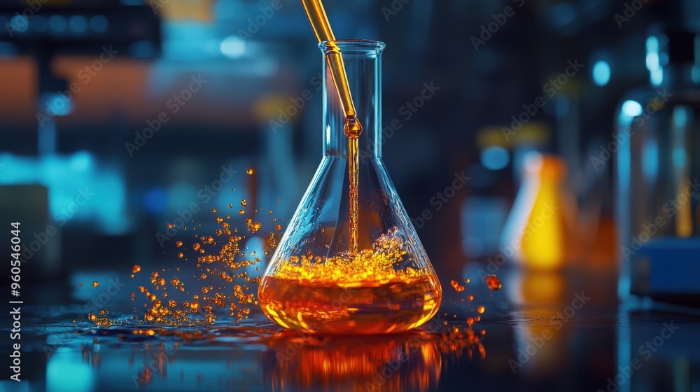 A precise chemical titration in a laboratory features a flask filled ...