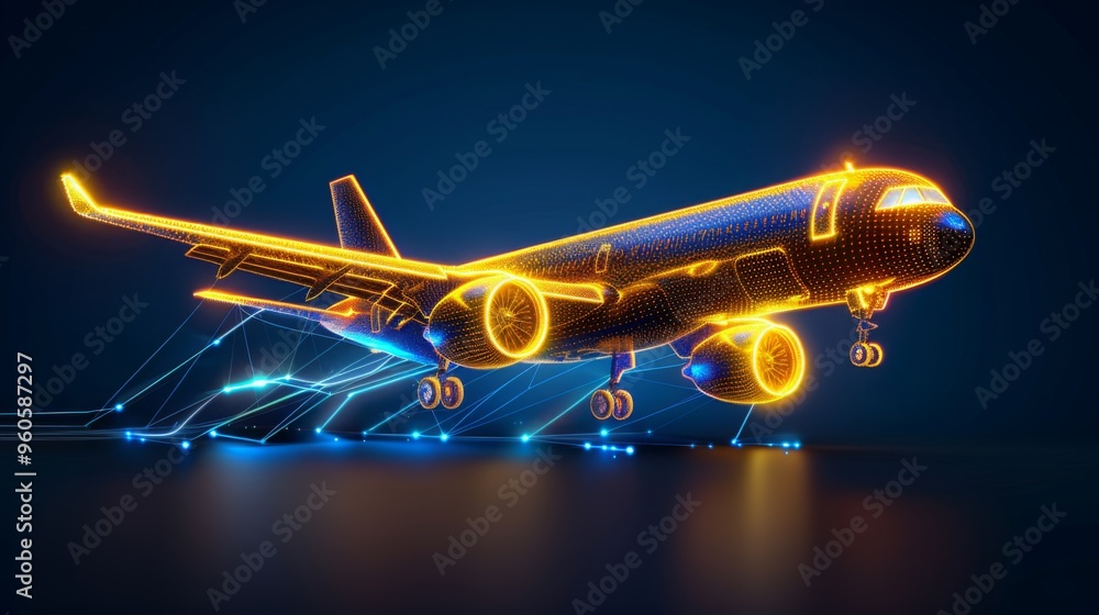 Digital plane in low poly wireframe design, future logistics ...