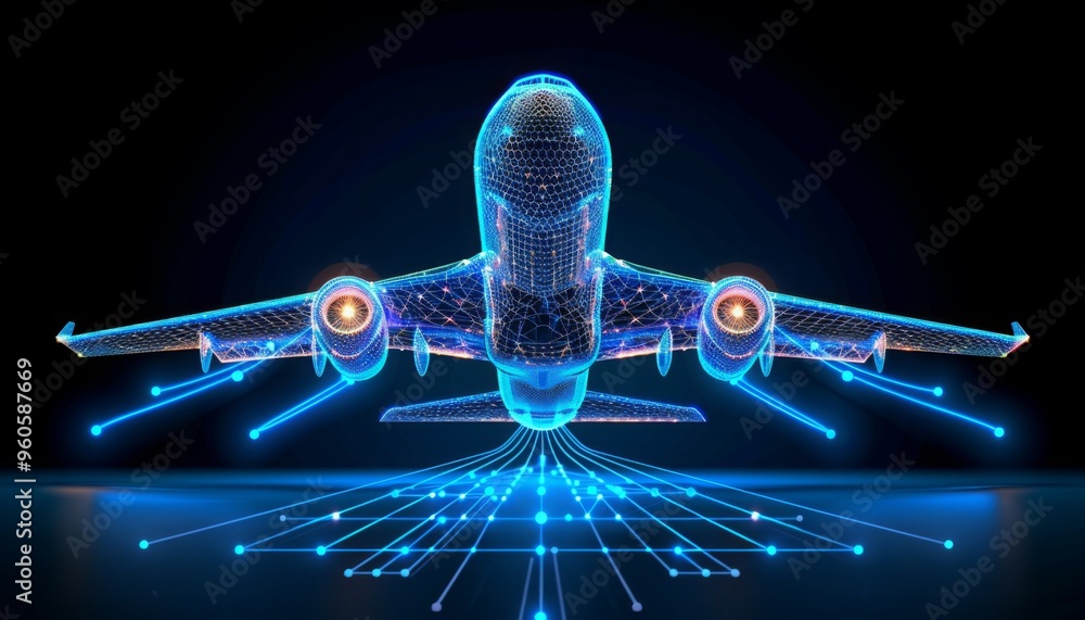 Digital plane in low poly wireframe design, future logistics intelligent aviation technology and ...