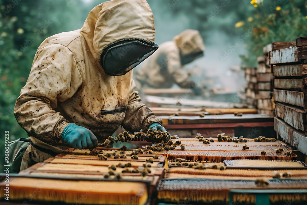Beekeeping activity with a focus on bees, hives, and honey production ...