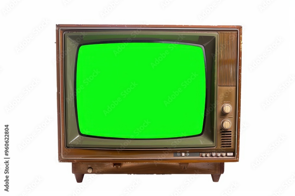 Old vintage TV with green screen on white background classic retro ...