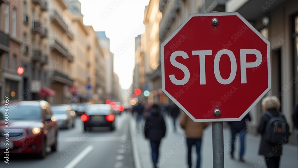 Urban Traffic Control STOP sign on bustling city street Stock Photo ...