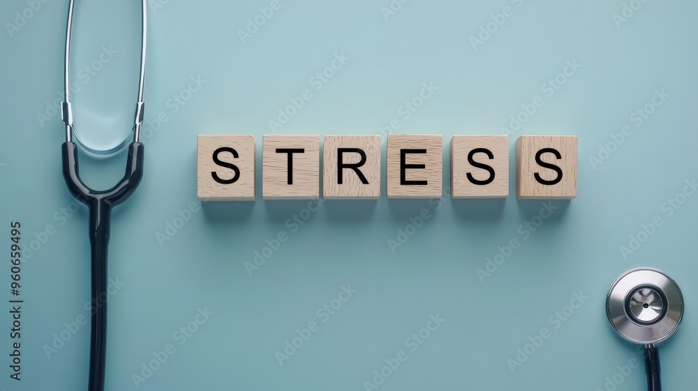 Strees wooden cube block on blue background in medical theme for ...